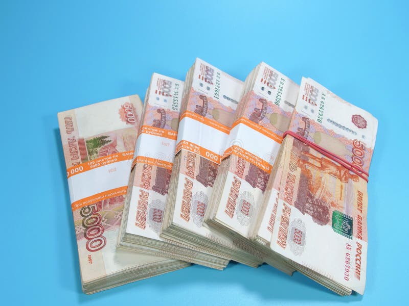 Big Stack of Russian 5000 Rubles Banknotes Laying on Blue Background ...