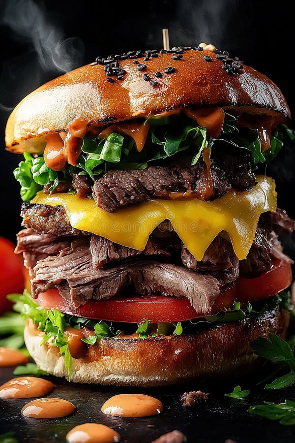 Big Stacked Roast Beef Sandwich in a Bun. Ai Generative Stock Image ...