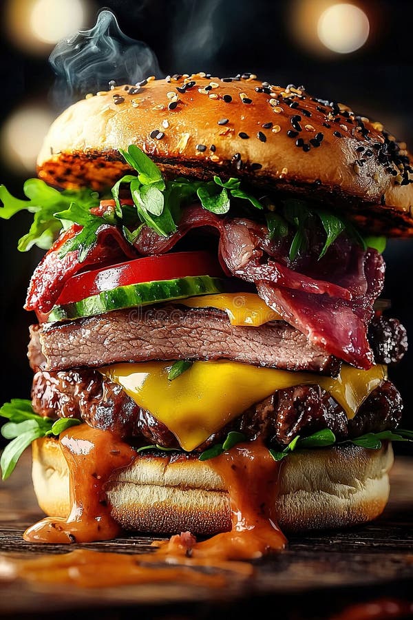 Big Stacked Roast Beef Sandwich in a Bun. Ai Generative Stock Image ...