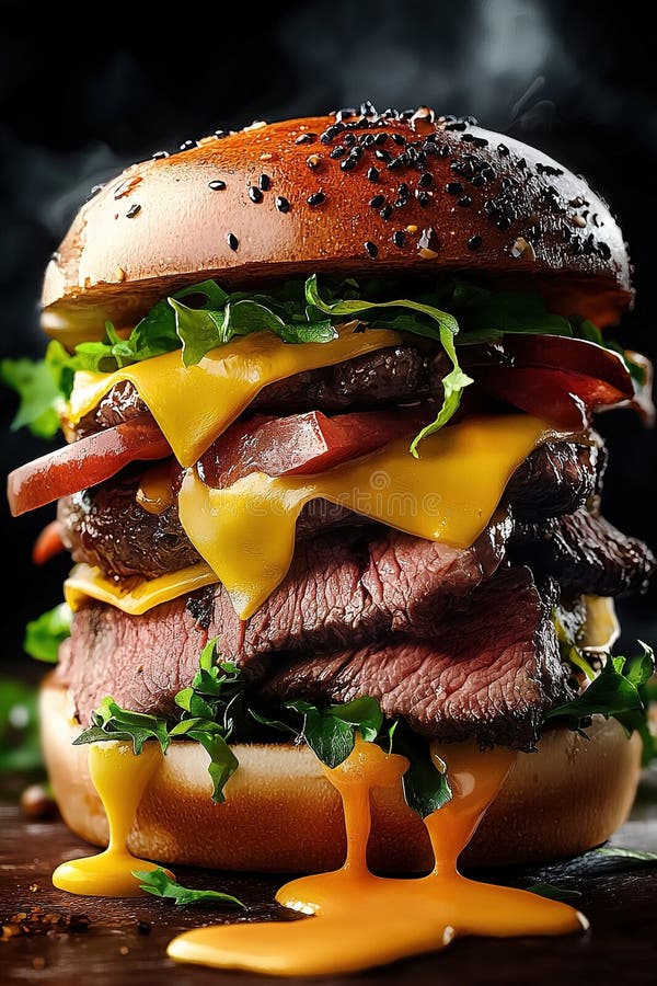 Big Stacked Roast Beef Sandwich in a Bun. Ai Generative Stock Photo ...