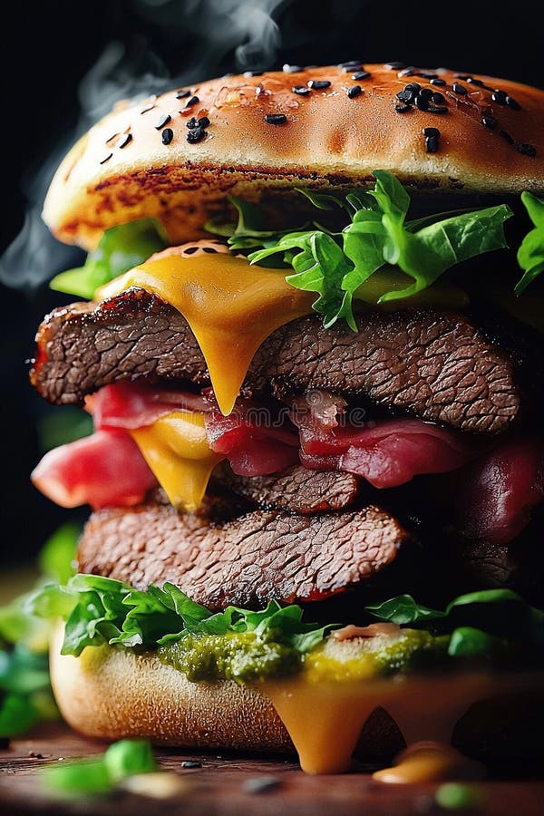 Big Stacked Roast Beef Sandwich in a Bun. Ai Generative Stock Image ...