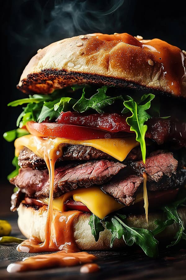 Big Stacked Roast Beef Sandwich in a Bun. Ai Generative Stock Photo ...