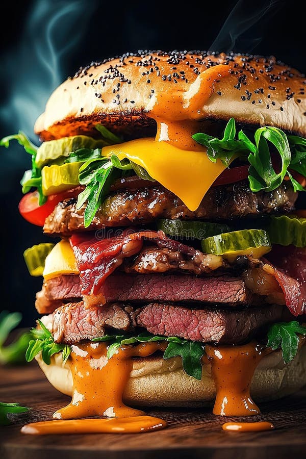 Big Stacked Roast Beef Sandwich in a Bun. Ai Generative Stock Photo ...