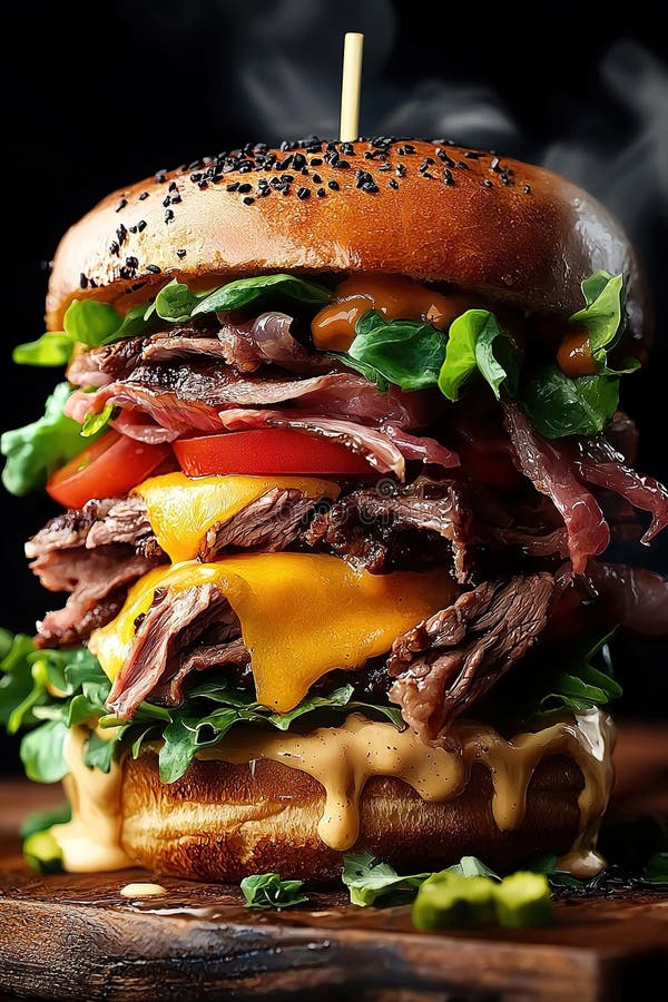 Big Stacked Roast Beef Sandwich in a Bun. Ai Generative Stock Image ...