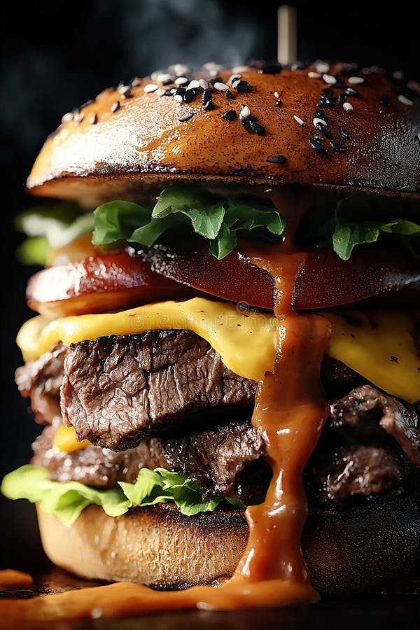 Big Stacked Roast Beef Sandwich in a Bun. Ai Generative Stock Image ...