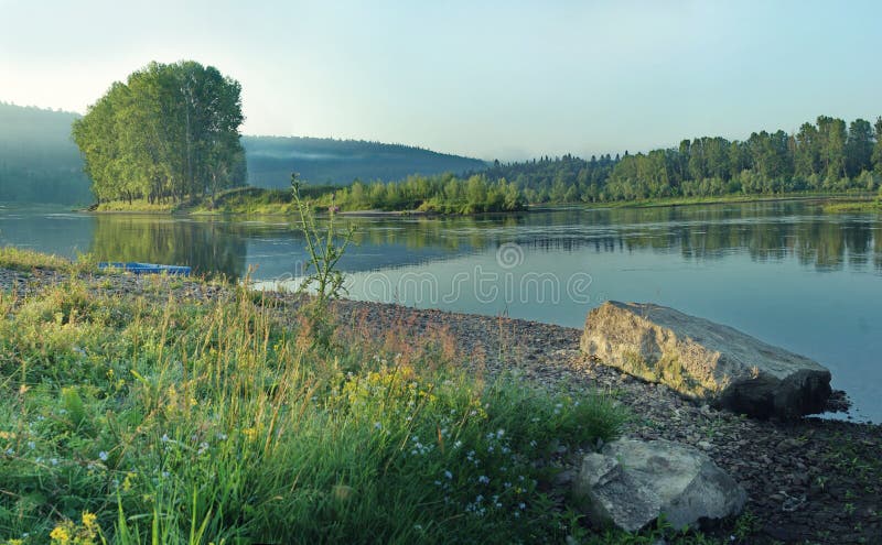 Big Stone on the Bank of Quiet River in Summer Stock Image - Image of ...