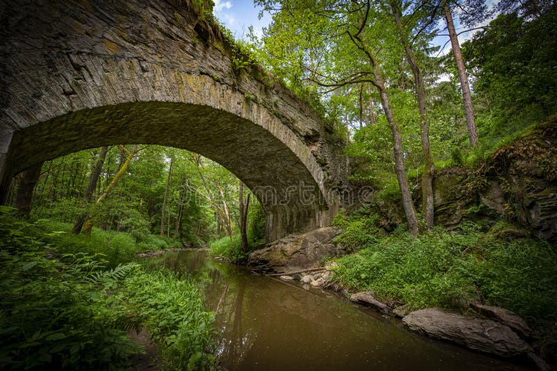 Big Stone Bridge, River and Green Forest Stock Image - Image of nature ...