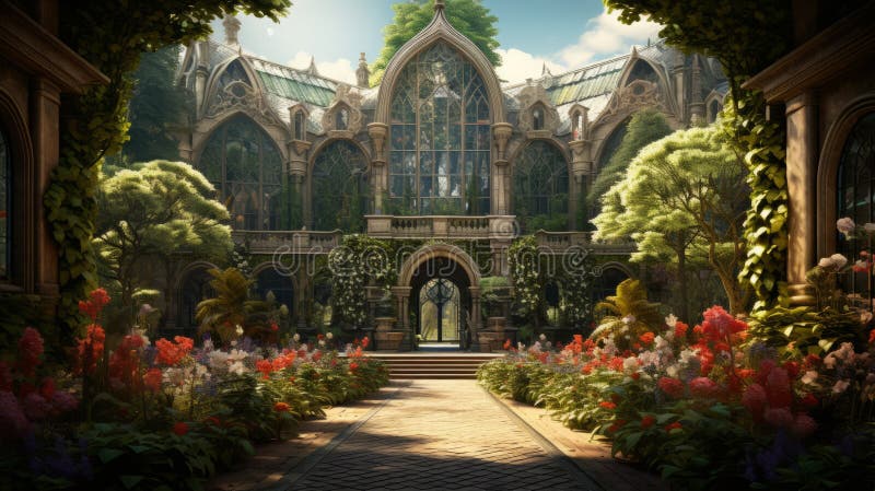 Big Stone Castle with a Large Botanical Garden in Blossom. Stock ...