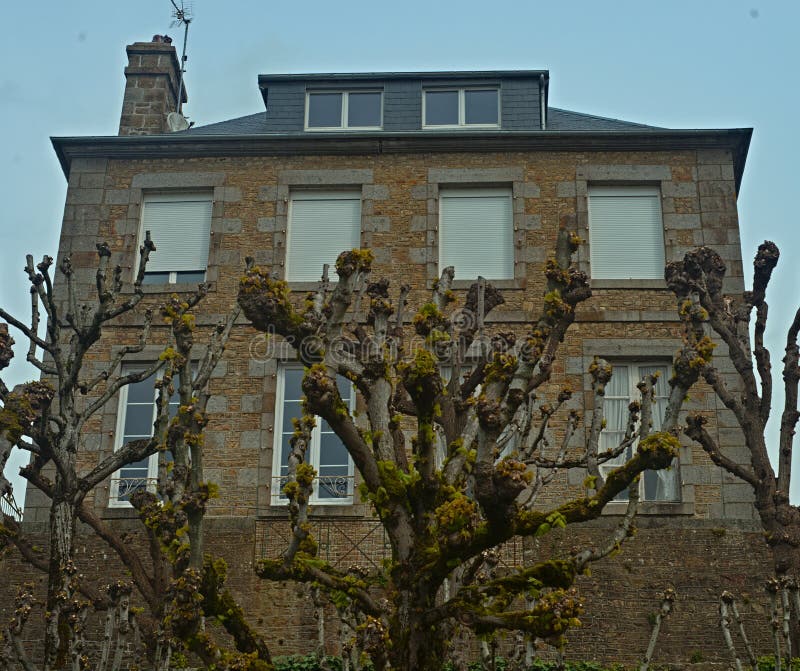 Big Stone House with Lot of Windows and Trees in Front Stock Photo ...