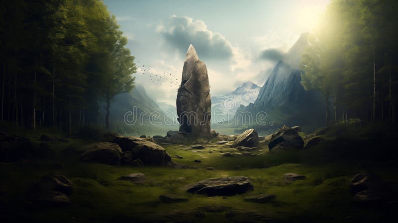 Big Stone Monolith on a Hill among the Mountains. Rune Magic Ritual ...