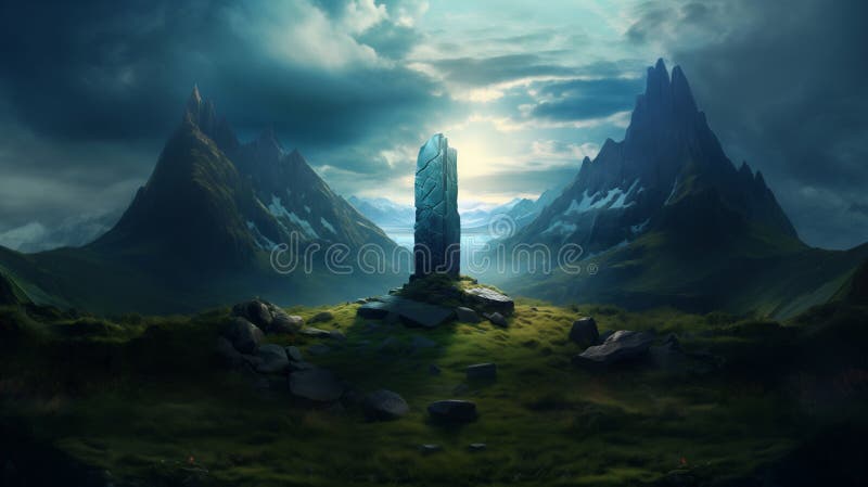 Big Stone Monolith on a Hill among the Mountains. Rune Magic Ritual ...