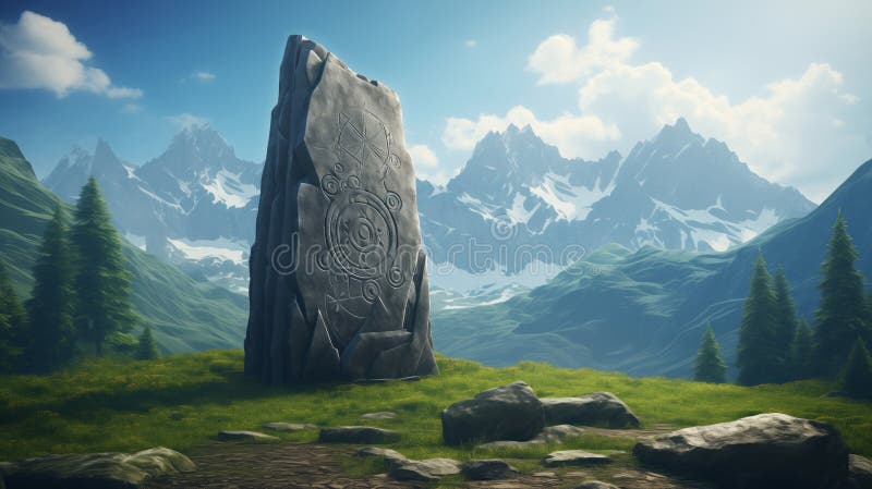 Big Stone Monolith on a Hill among the Mountains. Rune Magic Ritual ...