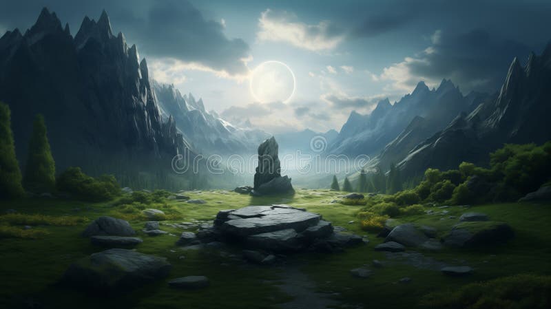 Big Stone Monolith on a Hill among the Mountains. Rune Magic Ritual ...