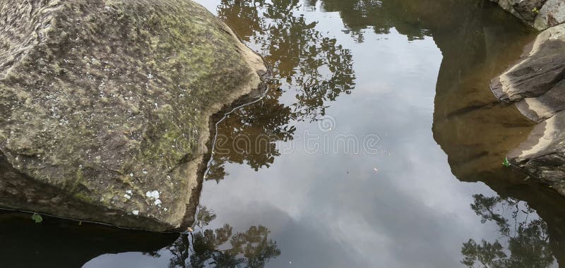 Big Stones Decorate the Pond with Leaves and Clouds Reflecting into the ...