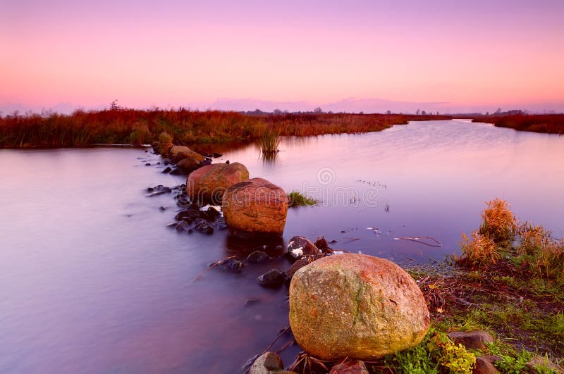 Big Stones on River at Sunrise Stock Photo - Image of plant, scenery ...