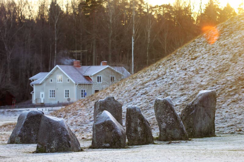 The Big Stones Standing in the Snow Field in Winter Stock Photo - Image ...