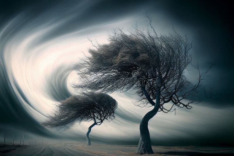 Big Storm Blowing Big Tree in Arid Desert on Drought Weather Created ...