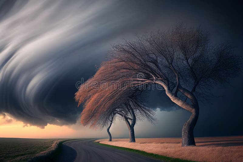 Big Storm Blowing Big Tree in Arid Desert on Drought Weather Created ...