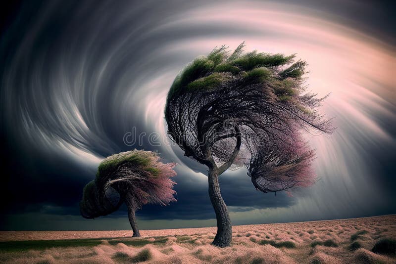 Big Storm Blowing Big Tree in Arid Desert on Drought Weather Created ...