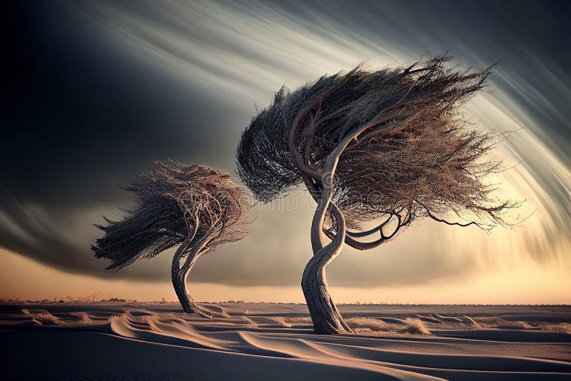 Big Storm Blowing Big Tree in Arid Desert on Drought Weather Created ...