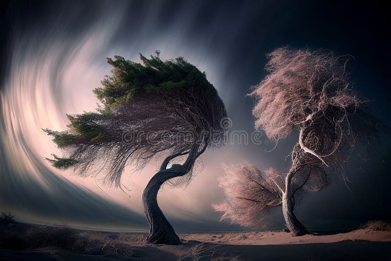 Big Storm Blowing Big Tree in Arid Desert on Drought Weather Created ...