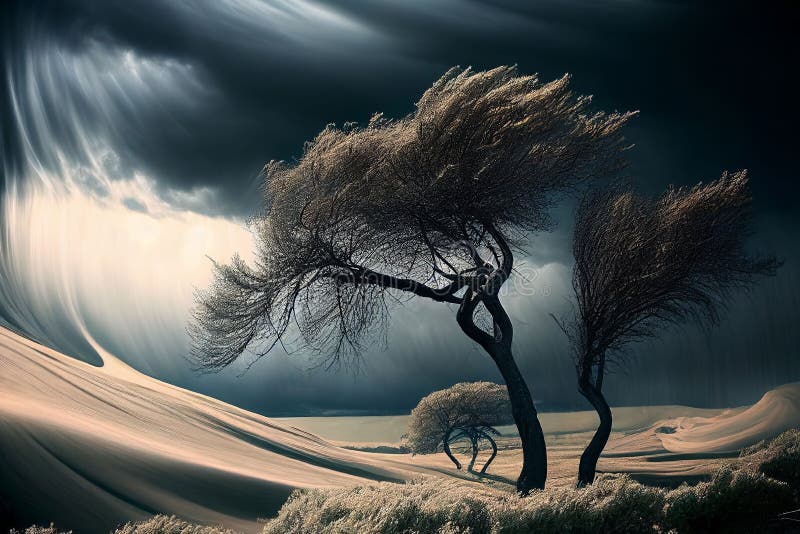 Big Storm Blowing Big Tree in Arid Desert on Drought Weather Created ...