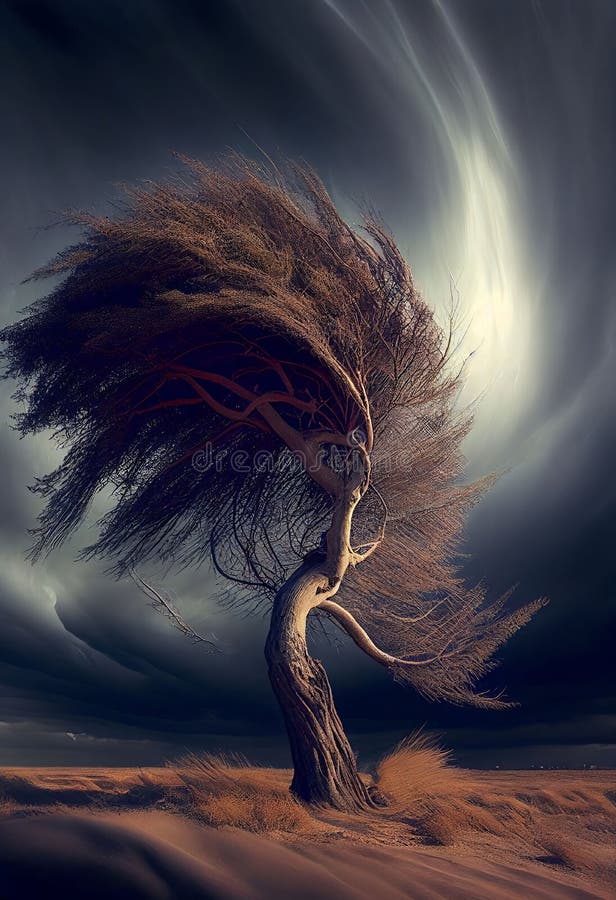 Big Storm Blowing Big Tree in Arid Desert on Drought Weather Created ...
