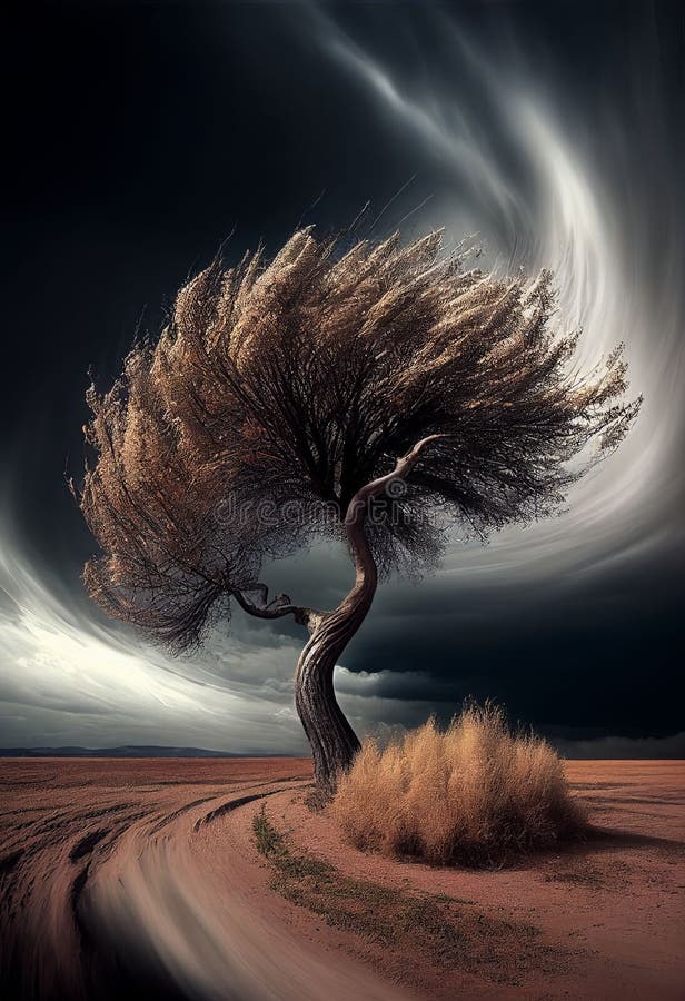 Big Storm Blowing Big Tree in Arid Desert on Drought Weather Created ...