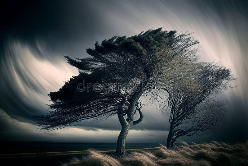 Big Storm Blowing Big Tree in Arid Desert on Drought Weather Created ...