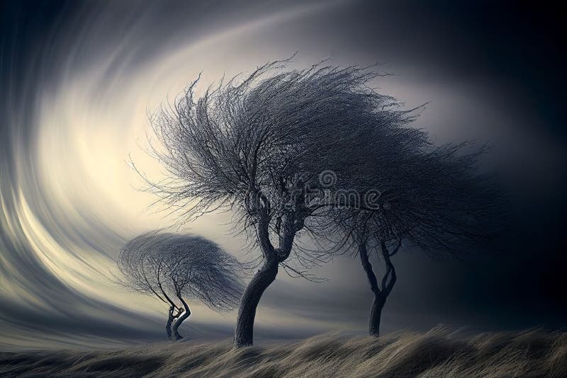 Big Storm Blowing Big Tree in Arid Desert on Drought Weather Created ...