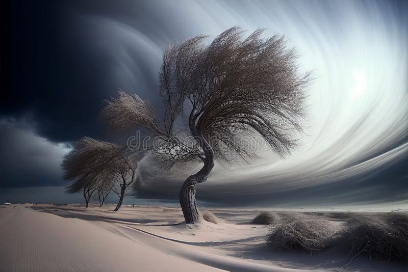 Big Storm Blowing Big Tree in Arid Desert on Drought Weather Created ...