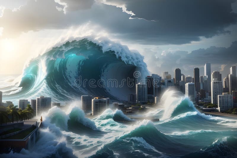 Big Stormy Tsunami Wave Breaking on the City Stock Illustration ...