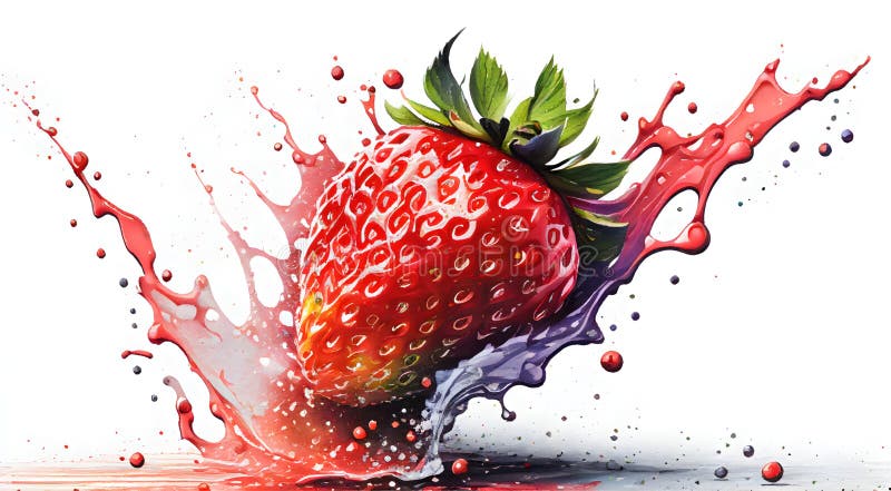 Big Strawberry in Colored Splashes by Generative AI Stock Illustration ...
