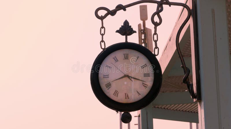 Big Street Round Clock Hanging on the House. Close Up Stock Video ...