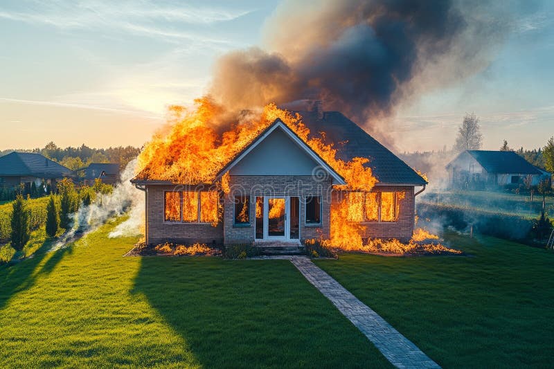 Big Suburban House Burning in Fire during Sunset, Creating a Dramatic ...