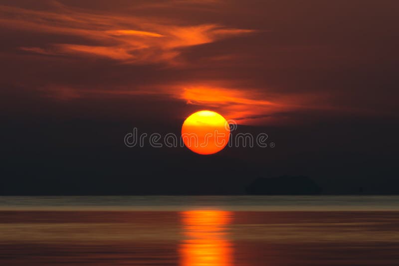 Big Sun and Orange Cloud in Sunset Sky on the Lake Stock Image - Image ...