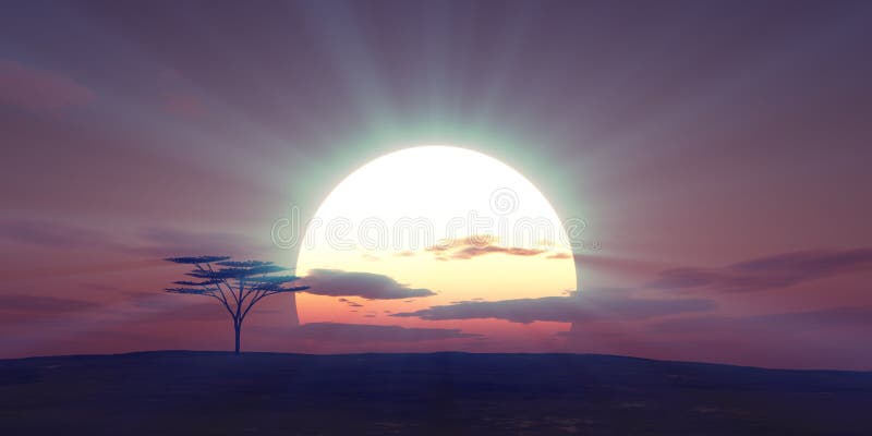 Big Sun Sunset Tree Landscape Stock Illustration - Illustration of ...