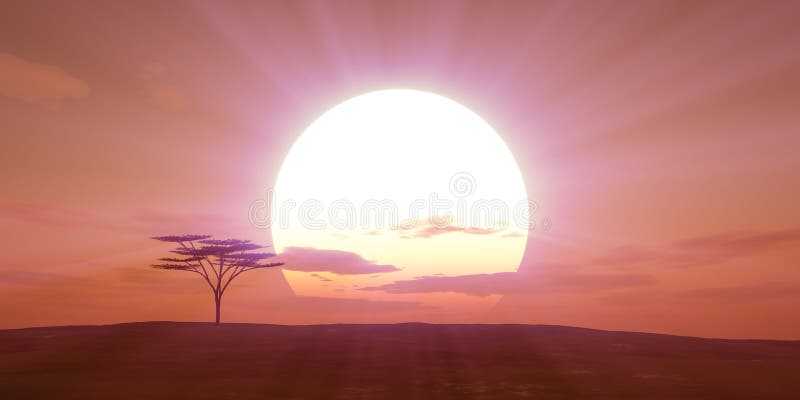 Big Sun Sunset Tree Landscape, 3d Illustrations Stock Illustration ...