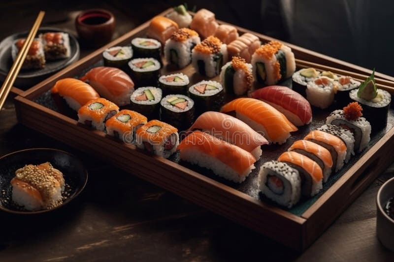Big Sushi Roll Set Top View. Flat Lay with Lots of Sushi and Rolls ...