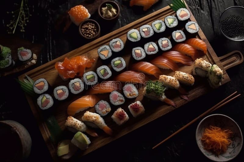 Big Sushi Roll Set Top View. Flat Lay with Lots of Sushi and Rolls ...