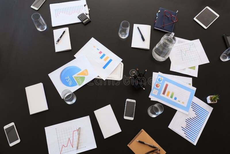 Big Table with Documents Prepared for Business Meeting, Top View Stock ...