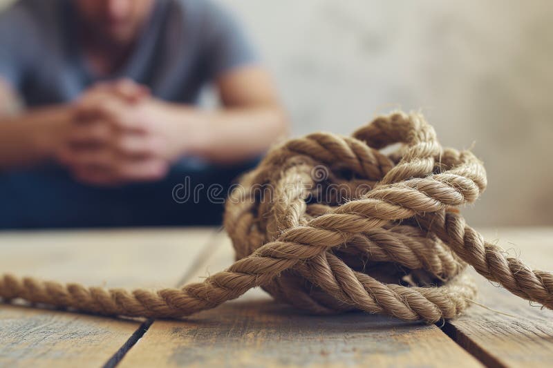 A Big Tangled Jute Rope with a Worried Man Stock Illustration ...
