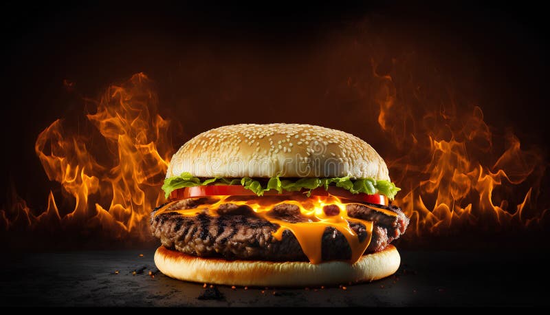 Big Tasty Cheeseburger with Flame on Dark Background. Close Up Stock ...