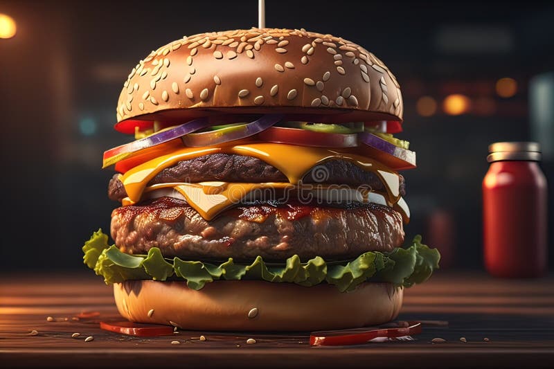Big Tasty Hamburger on Wooden Table. Ai Generative Stock Illustration ...