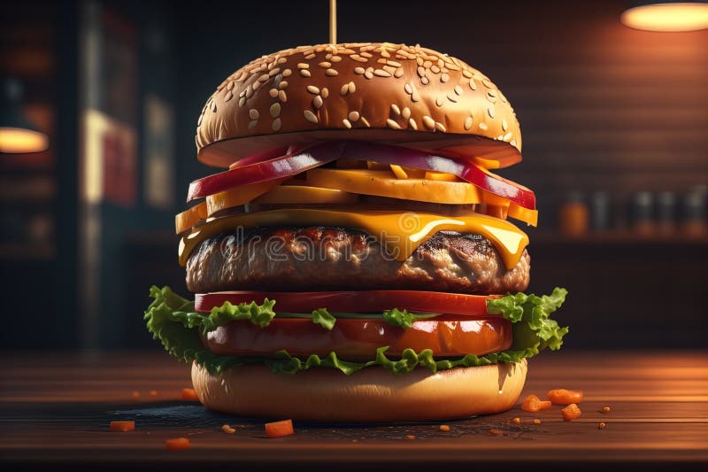 Big Tasty Hamburger on Wooden Table. Ai Generative Stock Illustration ...