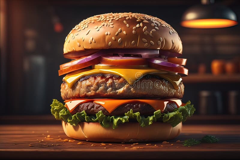 Big Tasty Hamburger on Wooden Table. Ai Generative Stock Illustration ...