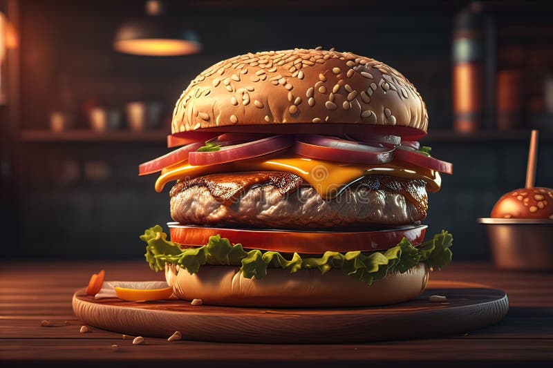 Big Tasty Hamburger on Wooden Table. Ai Generative Stock Illustration ...