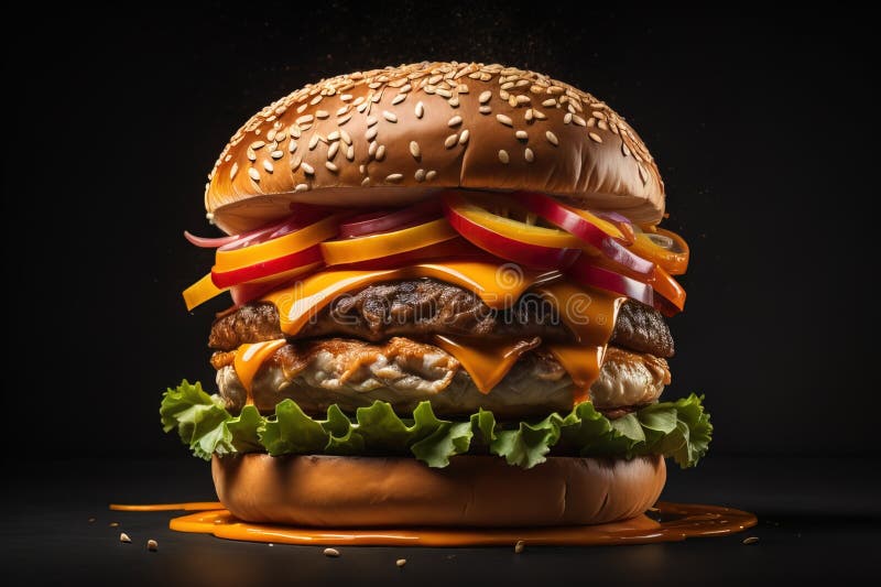 Big Tasty Hamburger on Wooden Table. Ai Generative Stock Illustration ...