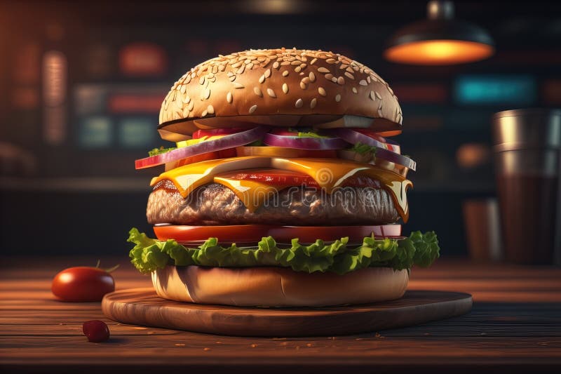 Big Tasty Hamburger on Wooden Table. Ai Generative Stock Illustration ...