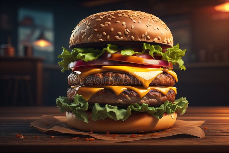 Big Tasty Hamburger on Wooden Table. Ai Generative Stock Illustration ...